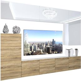 Wohnwand Wohnzimmer-Set Vollausstattung Moderne Schrankwand mit LED-Beleuchtung Anbauwand TV-Schrank Weiß ganzes Oberteil/Sonoma Eiche - Belini