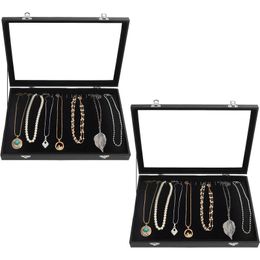 RHAFAYRE Schmuckschatulle aus schwarzem Samt mit Glasdeckel und 20 Haken (2er-Set) – stapelbare Aufbewahrungsbox für Halsketten und Armbänder – ideal