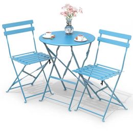 Bistroset 3-teilig, Klappbar Bistrotisch mit 2 Stühlen, Gartenmöbel Set Balkonset Gartengarnitur, Sitzgruppe Metall, Bistro Set Outdoor, Blau - VOUNOT