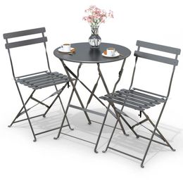 Bistroset 3-teilig, Klappbar Bistrotisch mit 2 Stühlen, Gartenmöbel Set Balkonset Gartengarnitur, Sitzgruppe Metall, Bistro Set Outdoor, Grau - VOUNOT