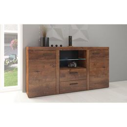 Sideboard rivay mit led 2 Schubladen Glasvitrine 2F2S B156cm Eiche Lefkas - Furnix