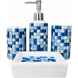 4-teiliges Badezimmer-Accessoires-Set aus Keramik, modernes Design mit Seifenspender, Zahnbürstenhalter, Becher, Seifenschale (Blaues Mosaik)