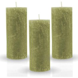 Rustikale Stumpenkerze 3er-Pack Olive vers. Farben/Größen - lange Brenndauer Antik Kerze, Duftfreie Altarkerze - Dekokerze, Adventskerze - Olive