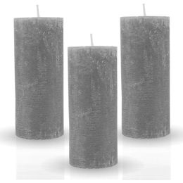 Rustikale Stumpenkerze 3er-Pack Grau vers. Farben/Größen - lange Brenndauer Antik Kerze, Duftfreie Altarkerze - Dekokerze, Adventskerze - Grau