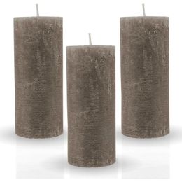 Rustikale Stumpenkerze 3er-Pack Taupe vers. Farben/Größen - lange Brenndauer Antik Kerze, Duftfreie Altarkerze - Dekokerze, Adventskerze - Taupe