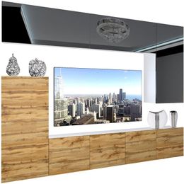 Wohnwand Vollausstattung Wohnzimmer-Set Moderne Schrankwand mit LED-Beleuchtung Anbauwand TV-Schrank Schwarz ganzes Oberteil/Eiche Wotan - Belini