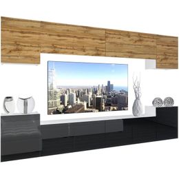 Wohnwand Vollausstattung Wohnzimmer-Set Moderne Schrankwand mit LED-Beleuchtung Anbauwand TV-Schrank Wotan Eiche Top/Schwarz - Belini