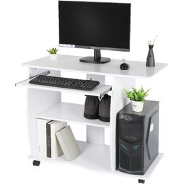Skecten - Schreibtisch Computertisch Bürotisch pc Ablageböden 90x75x50cm + Rollen Tisch[Weiß]