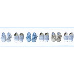 A.S. Création A.s.creations - Tapetenbordüre in Blau für Babyzimmer | Verspielte Tapeten Bordüre mit Baby Schuhen für Jungenzimmer | Vlies Wandbordüre ideal für