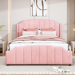 Gepolstertes Doppelbett mit 2 Schubladen, mit Kopfteil, Fußteil, Samt, rosa, 140 x 200 cm