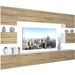 Belini - Wohnwand Vollausstattung Wohnzimmer-Set Moderne Schrankwand mit LED-Beleuchtung Anbauwand TV-Schrank Weiß/Sonoma Eiche