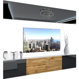 Wohnwand Vollausstattung Wohnzimmer-Set Moderne Schrankwand mit LED-Beleuchtung Anbauwand TV-Schrank Schwarz/Eiche Wotan untene Seiten Schwarz