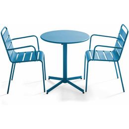 Oviala - Runder, klappbarer Gartentisch aus Metall und 2 Sessel Pacifique blau - Pazifisch blau