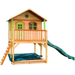 AXI Spielhaus Marc mit Sandkasten & grüner Rutsche Stelzenhaus in Braun & Grün aus fsc Holz für Kinder Spielturm mit Wellenrutsche für den Garten - Braun