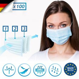 Virshields® Mund und Nasenschutz - 100 Stück, 3-lagig, Allgemeine Verwendung, Blau, Made in EU - Masken Mundschutz, Einweg Gesichtsmaske,