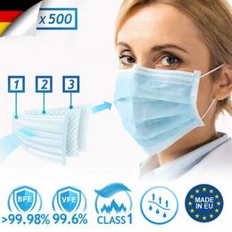 Virshields® Medizinischer Mundschutz - Typ IIR, BFE 99,98% / VFE 99,6%, DIN EN 14683, Made in EU, 500 Stück, 3-lagig - OP Masken, Mund und