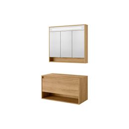 Fackelmann - natura Badmöbel Set 2 Teile / Waschbeckenunterschrank mit Schublade / led Spiegelschrank mit Beleuchtung und 3D-Effekt /