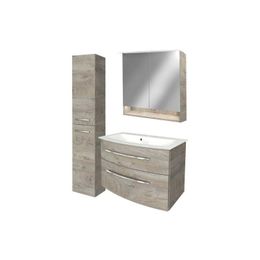 Fackelmann B.style Badmöbel Set mit Waschbecken mit Unterschrank 80 cm breit – Spiegelschrank Bad mit Beleuchtung und Hochschrank in Holz braun –