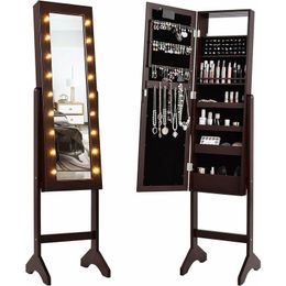 Schmuckschrank mit LED-Beleuchtung, Schmuckregal mit Ganzkoerperspiegel & Eingebautem Spiegel, Frei Stehender Spiegelschrank, mit Stauraum für