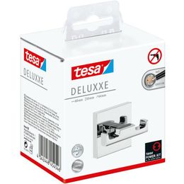 Tesa Deluxxe Doppel-Handtuchhaken, verchromt - Bad-Haken mit doppelter Aufhänge-Lösung, zur Wandbefestigung ohne Bohren, inkl. Klebelösung - 49 mm x 49 mm
