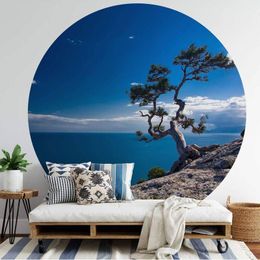 K&L WALL ART Runde Fototapete Baum am Meer Tapete blauer Himmel Vliestapete Wandbild ø 140cm - blau