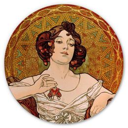 K&L WALL ART K&l Wall Art - Alu-Dibond-Poster Rund Metalloptik Wandbild Art Nouveau Poster Edelsteine Rubin Portrait Mucha ø 30cm - braun