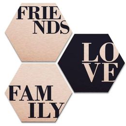 K&L WALL ART Hexagon Alu-Dibond Poster Kupfer Metalloptik Love Friends Family Retro Rosa Schwarz Wandbild 3er Set je 25x22cm - rosa