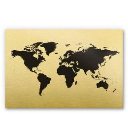 K&L WALL ART Metalloptik Weltkarte Schwarz Gold Wandbild Landkarte Retro Poster Alu-Dibond Deko 60x40cm - gold