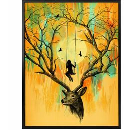 K&L WALL ART Poster Orange Hirsch Geweih Schaukel 30x24cm Kinderzimmer Posterpapier Wandbild - Mehrfarbig