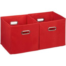 Relaxdays Aufbewahrungsbox 2er Set, Regalkorb ohne Deckel, mit Griff, faltbar, Stoffbox quadratisch, 30 cm, rot