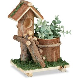 Holz Blumentopf, mit Deko Vogelhaus & Moos, Baumstamm Übertopf, rustikale Dekoration, innen & außen, braun - Relaxdays