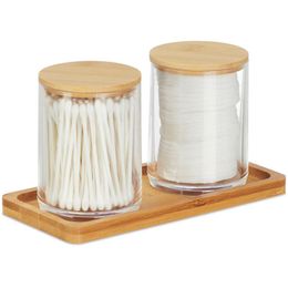 Wattestäbchenbehälter mit Tablett, 2 Becher m. Deckel, Kosmetik Organizer Kunststoff/Bambus, transparent/natur - Relaxdays