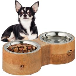 Hundenapfbar, für Hunde, 2 Edelstahlnäpfe je 400ml, hbt: 8x30,5x14,5 cm, Futterbar, Trinknapf, natur/silber - Relaxdays