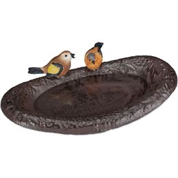 Relaxdays - Gusseisen Vogeltränke mit Vogel, Gartendeko, Vogelfutterstelle, Wasserschale für Wildvögel, 24 cm breit, braun