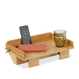 Bettablage, Mini-Nachtisch zum Klemmen, hbt: 11 x 38 x 26 cm, mit Kabelschlitz und Tablethalter, Bambus, natur - Relaxdays