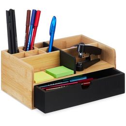 Schreibtisch Organizer, 1 Schublade, 9 Fächer, Bambus, HxBxT: 10 x 25 x 15,5 cm, Büroorganizer, natur/schwarz - Relaxdays