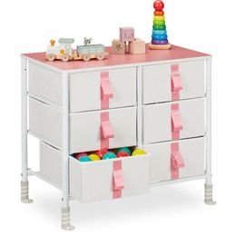 Kommode, Kinder, 6 Stoffschubladen, HxBxT: 61,5 x 68 x 40,5 cm, Schubladenschrank mit Metallgestell, weiß/rosa - Relaxdays