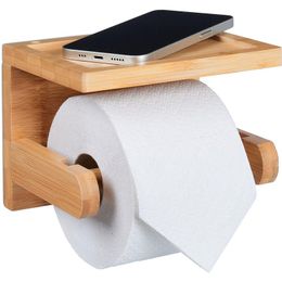 Relaxdays - Toilettenpapierhalter mit Ablage, für Handy, Schlüssel, Klopapierhalter Bambus, hbt: 12,5x16,5x12,5 cm, natur