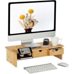 Relaxdays - Monitorständer Bambus, 2 Schubladen, Handyhalter, HxBxT: 14x54x23 cm, Bildschirmerhöhung Schreibtisch, natur