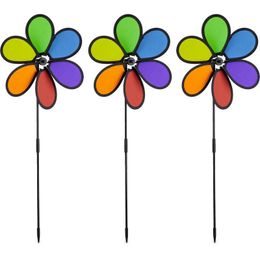 Relaxdays - Windrad Blume, 3er Set, Deko Gartenstecker für Balkon, Terrasse & Garten, hbt 67 x 28 x 6 cm, Regenbogen, bunt