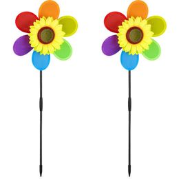 Windrad Blume, 2er Set, Deko Gartenstecker für Balkon, Terrasse & Garten, hbt 71 x 27 x 8 cm, Regenbogen, bunt - Relaxdays