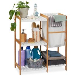 Relaxdays - Badregal mit Wäschekorb, offen & stehend, Badezimmer Regal aus Bambus & mdf, hbt 76 x 65,5 x 33 cm, natur/weiß