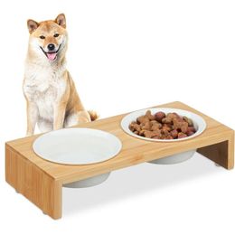 Relaxdays - Futterstation Hund, Hundebar 2 Näpfe, je 270 ml, spülmaschinenfest, Bambus & Keramik, Napfständer, natur/weiß