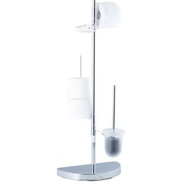Relaxdays - WC-Garnitur universal, Rollenhalter, WC-Bürste mit Behälter, Ablage, 360° drehbare Elemente, 86 cm hoch, chrom