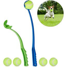 Ballschleuder für Hunde, 2er Set Ballwerfer, inklusive 5 Tennisbälle, Ballwurfarm, Hundespielzeug, blau/grün - Relaxdays