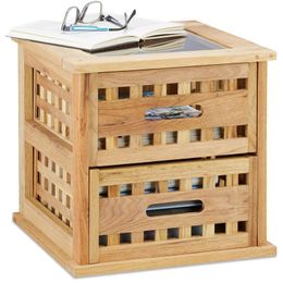 Beistelltisch Walnuss, quadratischer Nachtschrank aus Naturholz mit 2 Schubladen, hbt: 34 x 34 x 34 cm, natur - Relaxdays