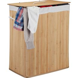 Wäschekorb Bambus mit Deckel, rechteckiger Wäschesammler, 2 Fächer, 95 l Volumen, faltbare Wäschebox, natur - Relaxdays