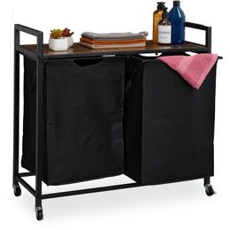 Wäschekorbregal, 2 ausziehbare Fächer, rollbare Wäscheablage, Wäschesammler, Industrial Design, schwarz/braun - Relaxdays