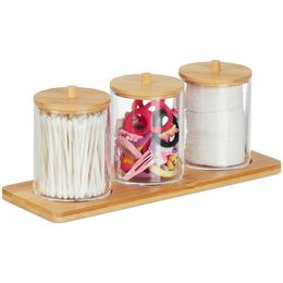 Wattestäbchenbehälter mit Tablett, 3 Becher m. Deckel, Kosmetik Organizer Kunststoff/Bambus, transparent/natur - Relaxdays