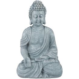 Relaxdays - Buddha Figur sitzend, 30 cm, Gartenfigur, Dekofigur Wohnzimmer, Polyresin, wetterfest, frostsicher, hellgrau